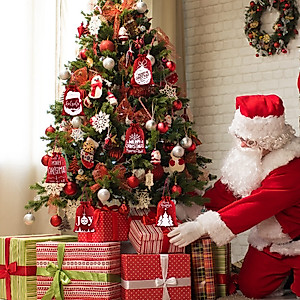 MIMIND 24 Pack Christmas Linen Bags with Drawstrings 7 x 5 Inch Burlap Gift Bags Christmas Burlap Goody Present Bags with Cards for Party Favor, 12 Designs, Wine Red