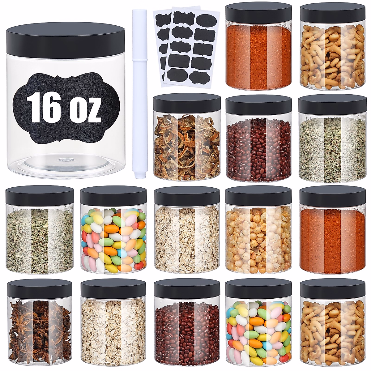 Plastic Jars with Lids, 16 oz Plastic Containers with Lids Clear Airtight Container Storage Jar Mason Jars for Dry Food Peanut Butter Honey Jam Cosmetics, Pack of 16 (16 PCS Black Lids)