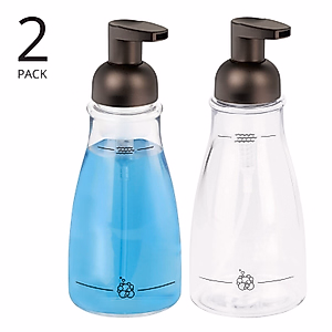 mDesign Round Plastic Refillable Foaming Hand Soap Dispenser Pump Bottle for Bathroom Vanities, Kitchen Sink, Countertops - 2 Pack - Clear/Bronze
