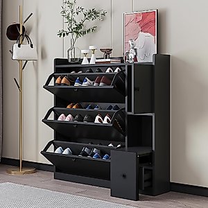 Gnrolaz Modern Shoe Cabinet with 3 Flip Drawers, Adjustable Shelf, Wood Free Standing Shoe Rack with Pull-Down Seat for Hallway, Entryway Organizer with Storage Cabinet, Black