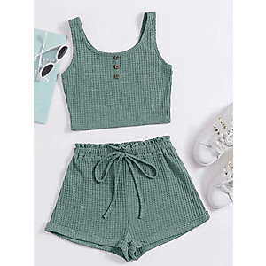 Floerns Women's Knit 2 Piece Lounge Set Shorts and Crop Tank Top Outfit Green L
