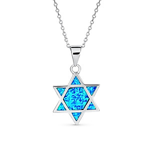Hanukkah Magen Judaic Inlay Created Blue Opal Star Of David Pendant Necklace For Bat Mitzvah For Women Teen .925 Sterling Silver