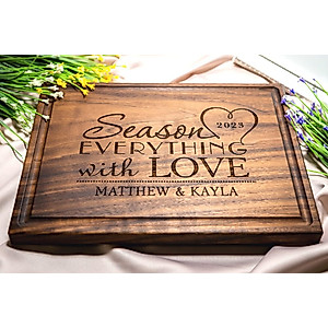 Personalized Cutting Board, Custom Wedding, Anniversary or Housewarming Gift Idea, Wood Engraved Charcuterie, for Couples or Family, Season with Love Design 032