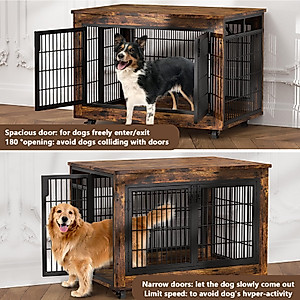 EasyCom Dog Crate Furniture, Extra Large Dog Kennel Indoor with Top-Access Teasing/Feeding Door, Spacious Dog House Moveable Furniture-Style Dog Cage with Wheels Double Doors