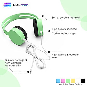 Bulktech 728 Stereo Headset for Kids, Children and Teens - Tangle-Free Wired Cord On-Ear Headphones with 3.5mm Jack for Smartphones, Tablets, School, Kindle, Airplane Travel - 1 Pack Green