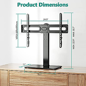 WALI Universal TV Stand, Table Top TV Stand for 37 to 70 inch LCD LED TVs, 9 Level Height Adjustable TV Mount with Tempered Glass Base, Holds up to 88lbs, Max Mounting Holes 600x400mm (TVDVD-5), Black