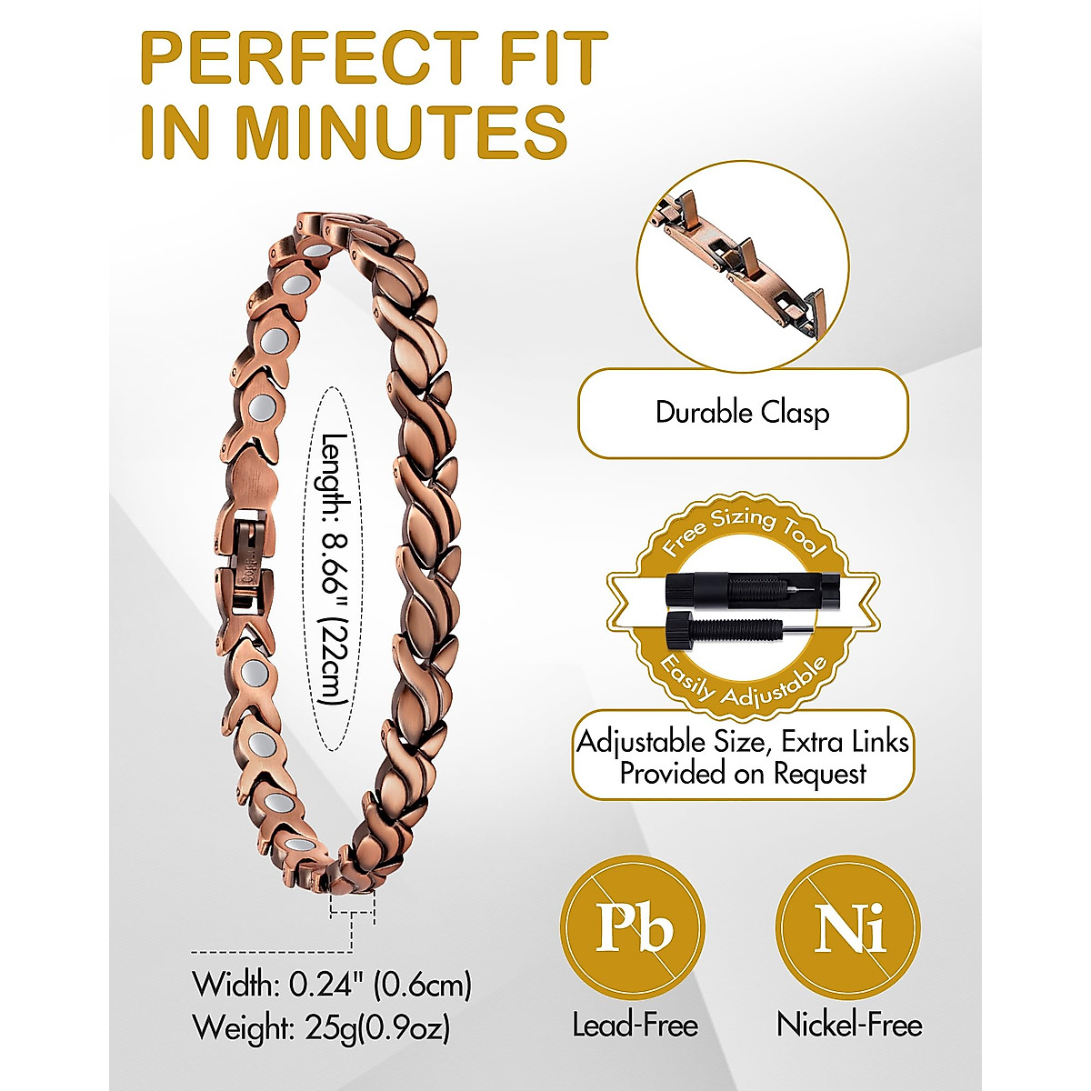 Feraco Copper Bracelets for Women, 99.99% Pure Copper Magnetic Bracelets with Effective Neodymium Magnets, Adjustable Jewelry Gift with Sizing Tool (Fishtail)