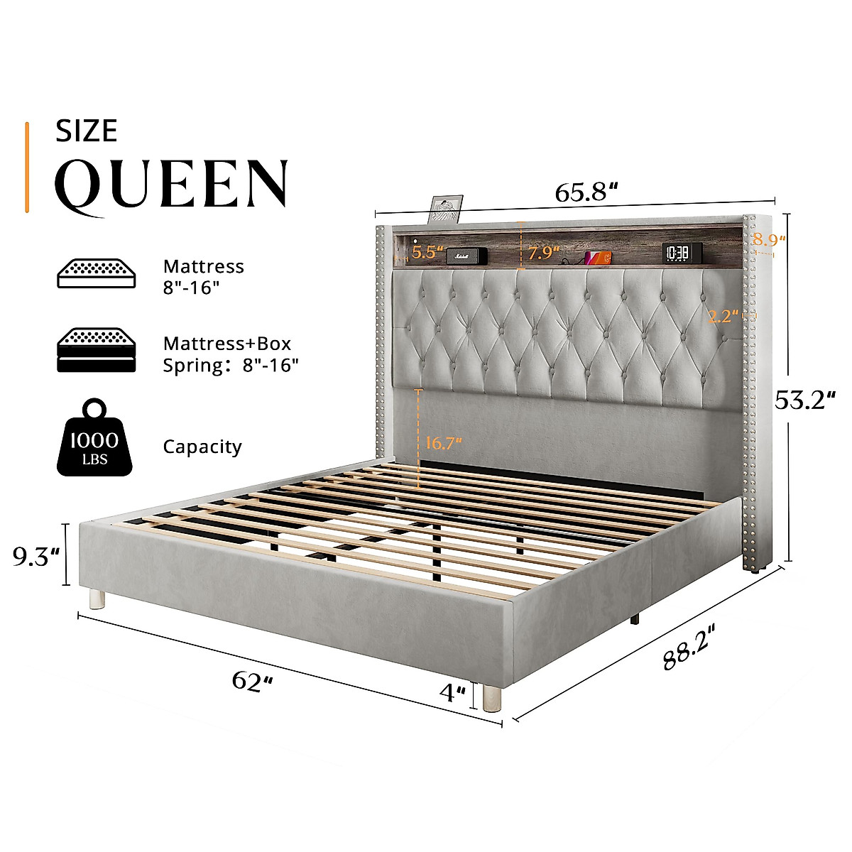 Jocisland Queen Size Bed Frame 53.6'' Tall Headboard LED Lights Charging Station, Velvet Hign Upholstered Platform Bed Wingback Storage, No Box Spring Needed, Motion Activated Light, Light Gray
