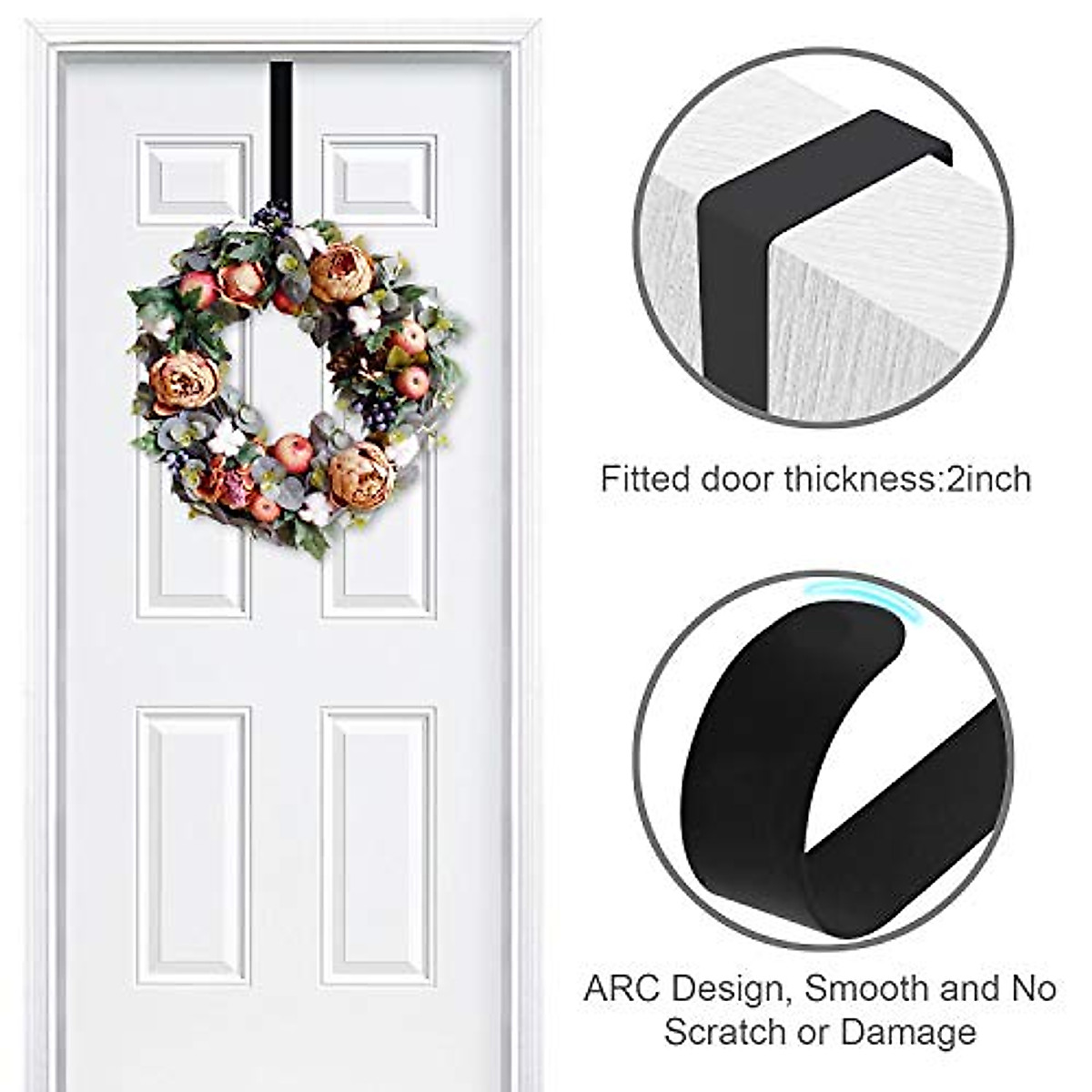 ESFUN 2 Pack 15" Black Wreath Hanger for Front Door, Metal Wreath Hooks Holder Over The Door Wreath Hanger for Hanging Christmas Decorations Xmas Decor