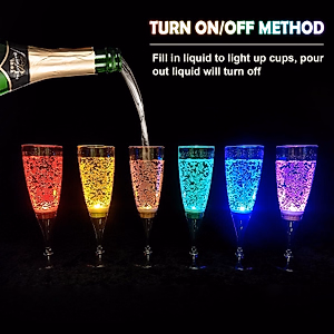 LED Light Up Cups Wine Champagne Flutes Set of 6 Party Favors Adults, Colored Plastic Champagne Flutes Drinking Glasses Glow in the Dark Colorful Glowing Cups for Birthday Christmas Halloween Weddings