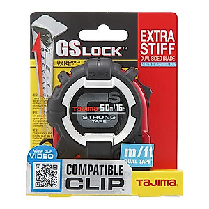 TAJIMA Tape Measure - 16ft/5m x 1in GS-Lock Measuring Tape with Compatible Clip & Hook - GS-C16/5MBW