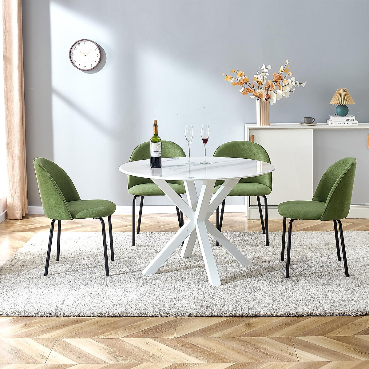 ATSNOW Green Upholstered Armless Dining Chairs Black Metal Legs, Mid Century Modern Accent Side Chairs for Living Room Vanity Set of 2