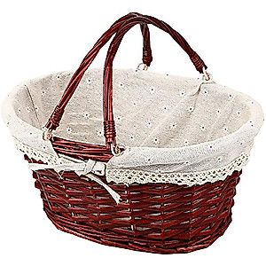 KINJOEK Wicker Woven Basket, Multipurpose Natural Willow Basket with Handle Premium Linen Cotton Cloth Lining for Storage and Decoration, Brown