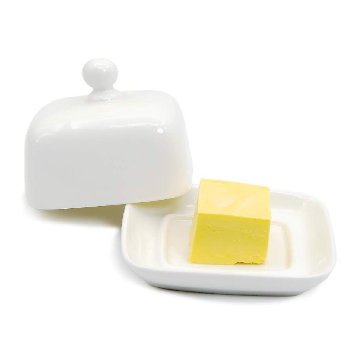 NAGU Small Rectangle Butter Dish with Lid, White Procelain Domed Cheese Dish with Handle Individual Serving Mini Butter Tray, Cute Ceramic Dessert Serving Bowl for Table, Countertop, Refrigerator