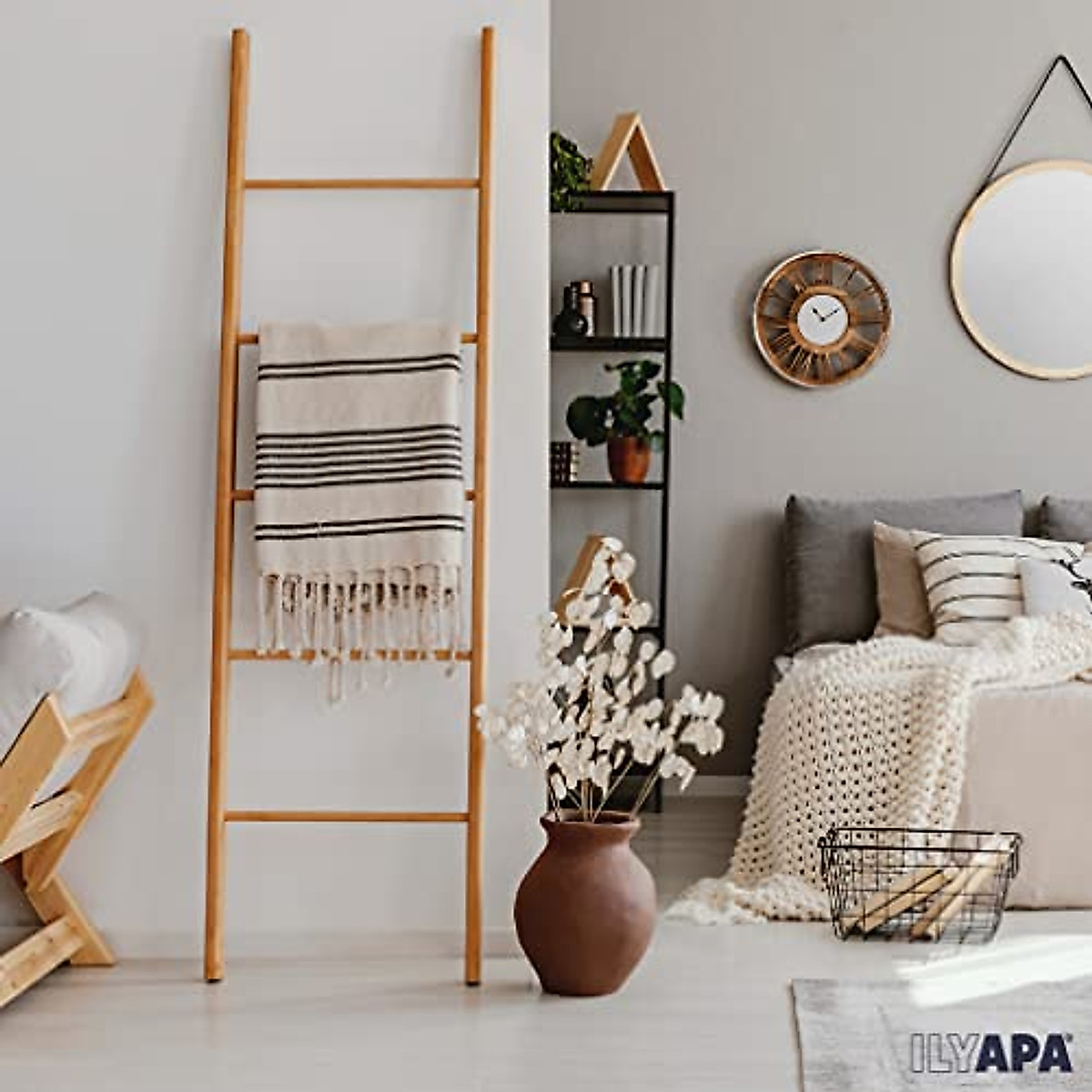 Ilyapa Blanket Ladder for The Living-Room - Rustic Decorative Quilt Ladder with Folding Construction for Easy Storage, Brown Weathered Wood