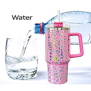 Holographic Leopard Tumbler 40 oz with Handle, Water Bottle, Gifts for Women & Men, Insulated Cup with Lid and Straw, Simple Modern, Water Bottles & Stanley Cups Trending Tumbler Gift 3D Pink