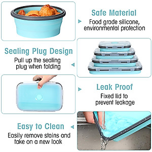 Yaomiao 16 Pack Collapsible Food Storage Containers with Lid Foldable 8 Pcs Rectangle Storage Bowl and 8 Pcs Round Silicone Food Bow for Lunch Rv Accessories Microwave Freezer Safe(Gray, Blue)