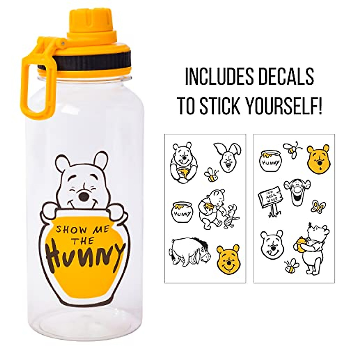 Silver Buffalo Winnie the Pooh Show Me The Hunny Twist Spout Plastic Water Bottle with Stickers You Stick Yourself, 32 Ounces
