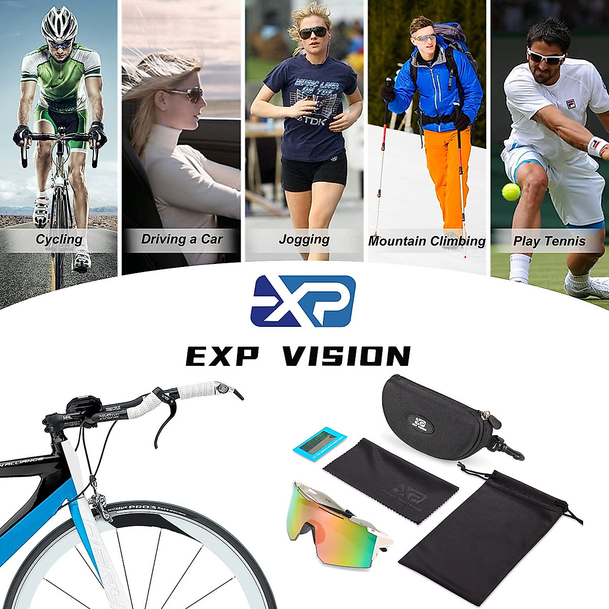 EXP VISION Polarized Cycling Glasses, UV 400 Sports Sunglasses Biking Goggles Running Hiking Golf Fishing Driving (Pink)