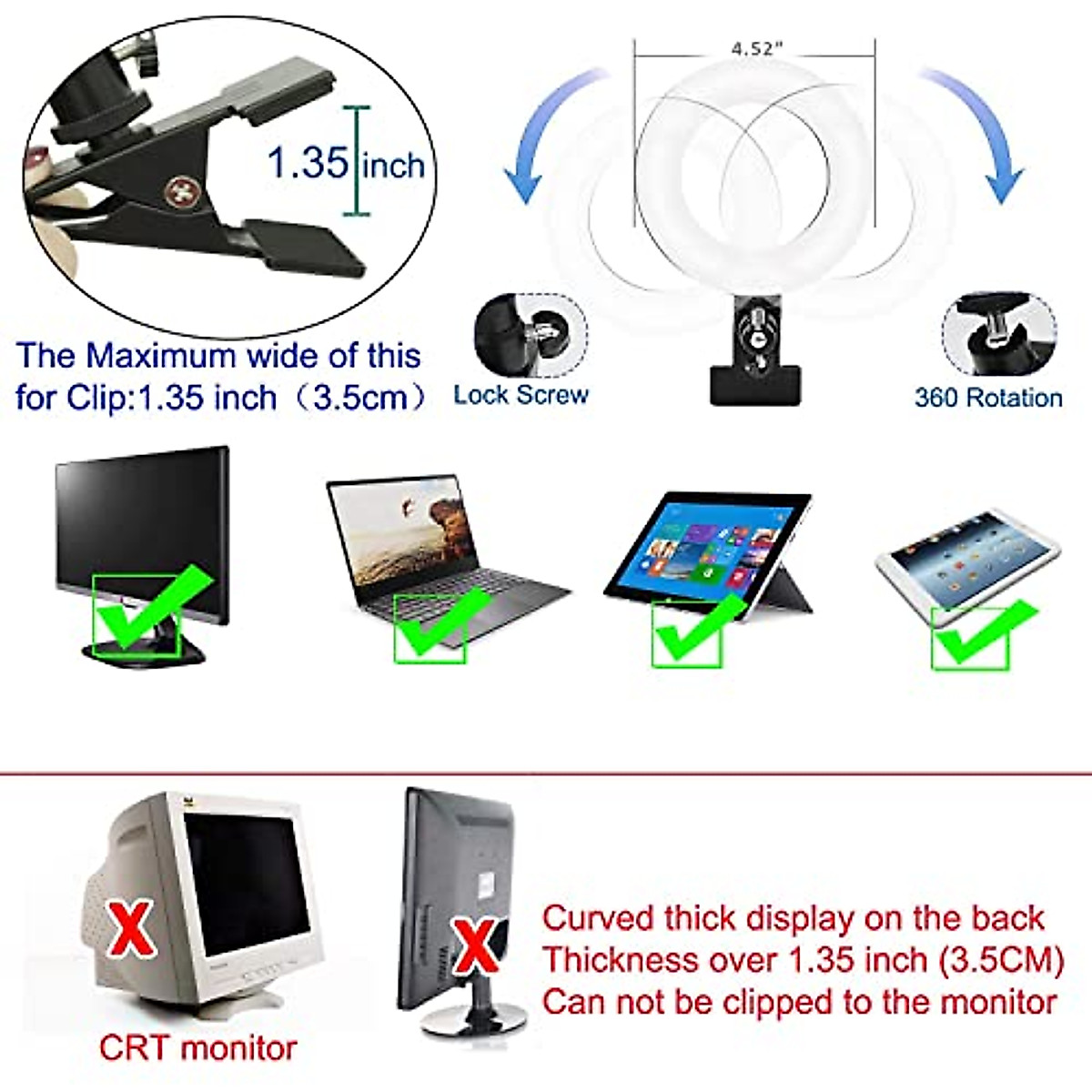 Video Conference Lighting Kit 3200k-6500K Dimmable Led Ring Lights Clip on Laptop Monitor for Remote Working/Zoom Calls/Self Broadcasting/Live Streaming/YouTube Video/TikTok (Black)