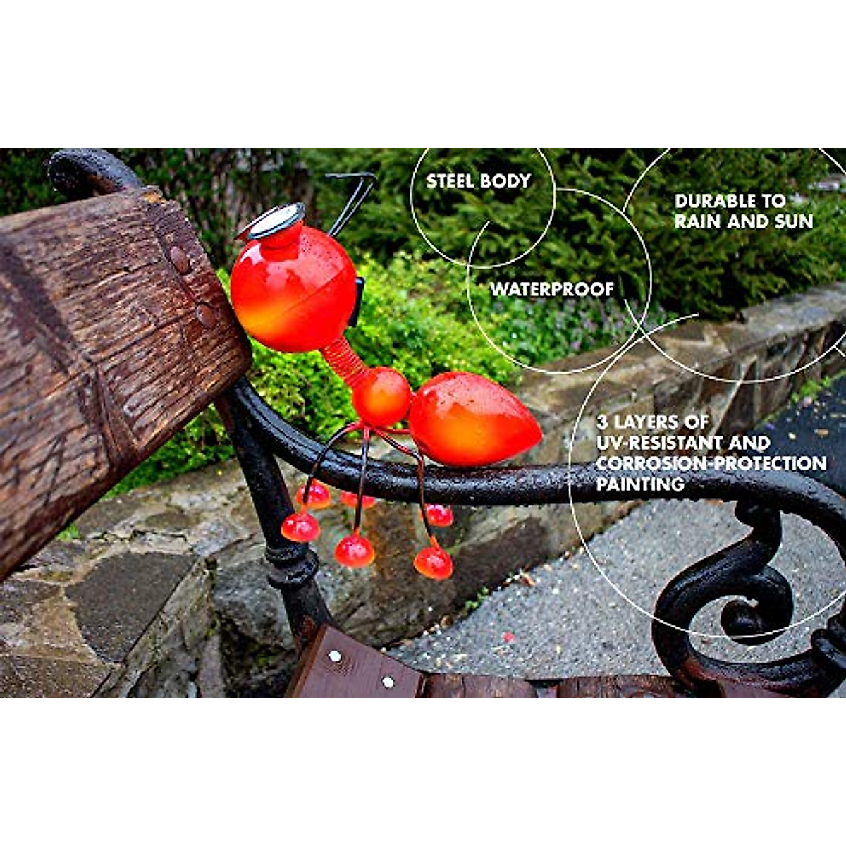 Smarty Gadgets - Metal Garden Art Decoration, Steel Red Ant Figurine with Solar Powered LED Lights for Yard, Patio, Lawn and Garden Decor and Ornament, Outdoor and Indoor Statue, 11" X 10"