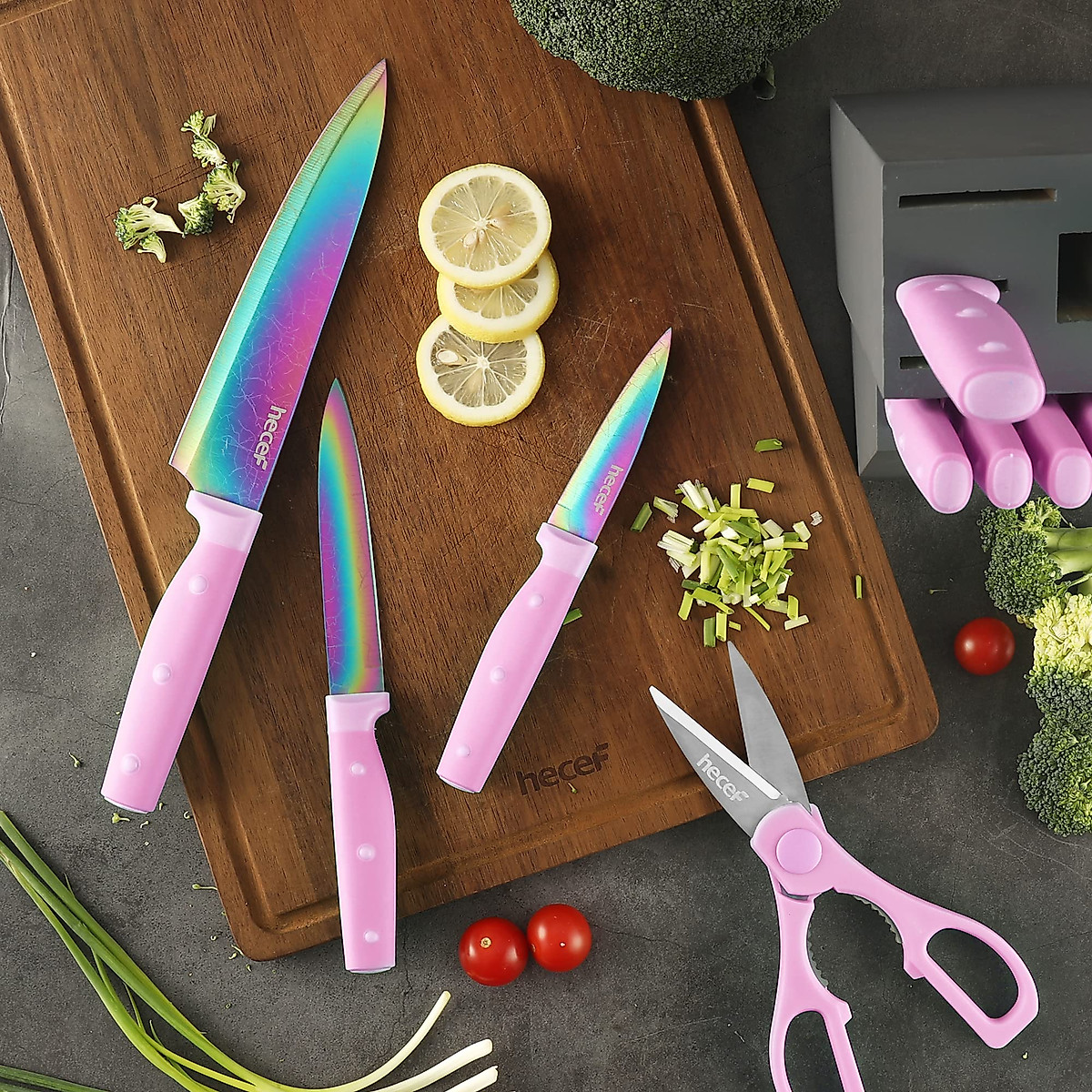 hecef 14 Pieces Knife Set with Block, Rainbow Titanium Knives Set with Laser Pattern, Martensitic Stainless Steel Chef Knife Set with Sharpener, Steak Knife, Scissors, Mothers Day Gift