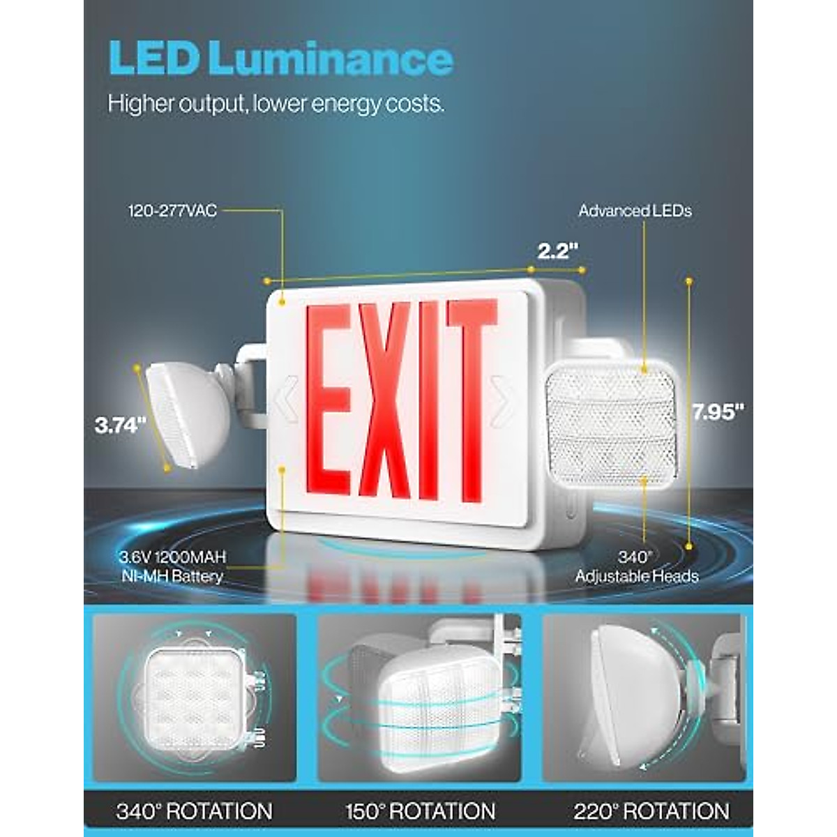 Sunco Red Exit Signs With Emergency Lights, Two Adjustable Square LED Lights, 94V-0 Fire Resistant, Backup Battery, 120-277V, Wall Or Ceiling Mount, Commercial Grade Double Sided 4 Pack