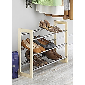 Whitmor 3 Tier Expandable Shoe Rack -Stackable - Natural Wood and Chrome