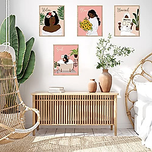 6 Pieces Black Woman Bathroom Wall Art Decor, Motivational African American Black Girl Aesthetic Paintings Posters Unframed Boho Artwork Decor for Bathroom Home, Bedroom, Living Room, SPA Supplies