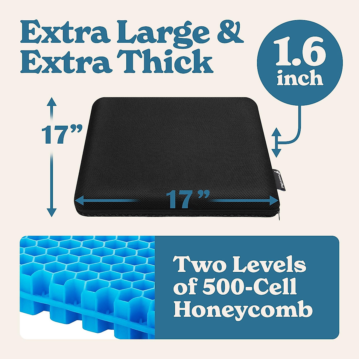 YOGI-ZONE Gel Seat Cushion for Long Sitting – 16.5x16.5x1.6 in. Honeycomb Seat Cushion for Back Pain Relief with Yoga Videos – TPE Cushion with Nonslip Breathable Cover for Office Chair & Car Seat
