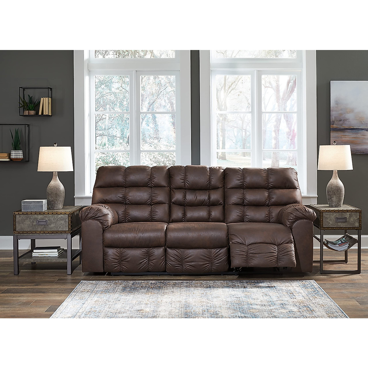 Signature Design by Ashley Derwin Urban Faux Leather Tufted Reclining Sofa with Drop Down Table, Dark Brown
