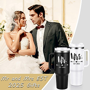 Qtencas Mr and Mrs Gifts, Mr and Mrs EST 2025 Stainless Steel Travel Tumblers Set, Engagement Wedding Gifts, 40 oz 2025 Travel Mug for Couples Newlyweds, Bridal Shower Anniversary Cups（Black & White）