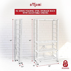 Origami R2 Series Folding Heavy Duty Steel Storage Rack Adjustable Shelving Portable Home Organization Unit with Wheels, Set of 2, White