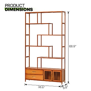 Magshion Staggered 5-Tier Bookshelf with Drawer and Cabinet, Bamboo 39" L x 9.8" W x 68.9" H Tall Chinese Vintage Display Etagere Freestanding Shelves for Bedroom, Living Room, Home Office
