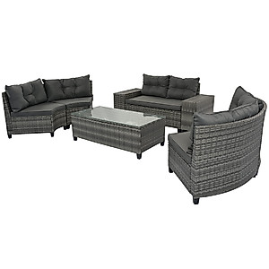 YSWH 8-Piece Half Moon Outdoor Sectional Furniture Cushioned Sofa Set, All-Weather PE Wicker Patio Curved Conversation Sets with Rectangular Coffee Table and Side Tables