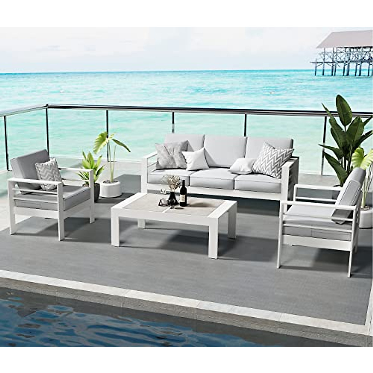 Outdoor Aluminum Furniture Set, 4 Pieces Patio Sectional Conversation Chat Sofa Modern Seating Set with Coffee Table