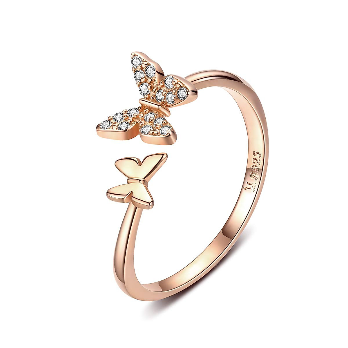 Sterling Silver Cute Butterfly Open Rings for Women Girls Adjustable Birthstone CZ Crystal Dainty Animal Statement Promise Engagement Wedding Ring Eternity Finger Band (Rose Gold)