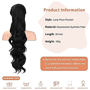 SEIKEA 26" Long Wavy Drawstring Ponytail, PT004 Gita for Black Women Natural Soft Clip in Ponytail Extension Synthetic Heat Resistant Hair Extensions Hairpiece Color Black