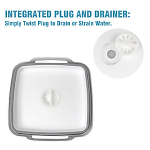 ddLUCK Dish Basin Collapsible with Drain Plug Carry Handles for 9L Large Capacity, Washing Basin, Collapsible Dish Tub for RV Sink, Vegetable, Fruit, Food Sink Strainer Dish Washing Tub - Gray