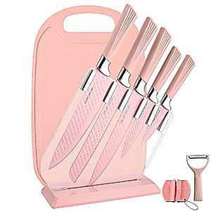 Tinor Kitchen Knife Set, 9 Pieces Pink Knife Set with Acrylic Block Cutting Board & Sharpener, High Carbon Stainless Steel Chef Knife Block Set, Nonstick Coating