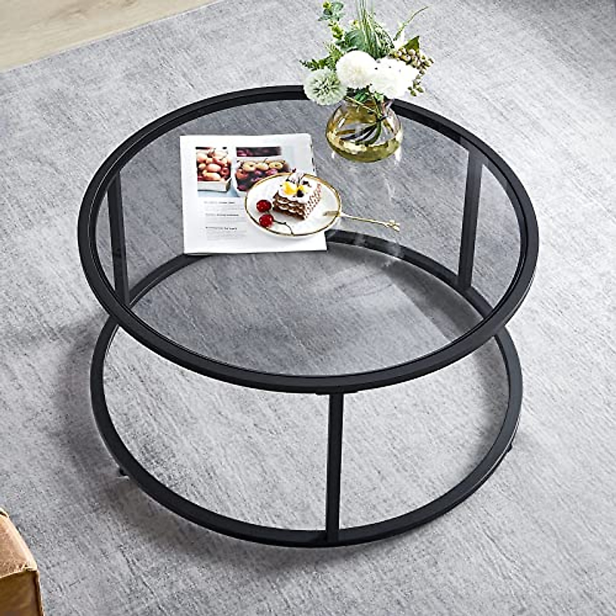 SAYGOER Round Coffee Table Glass Coffee Tables for Small Space Simple Modern Center Table for Living Room Home Office, Sofa Side Table with Metal Steel Frame, Easy Assembly, Gray Black