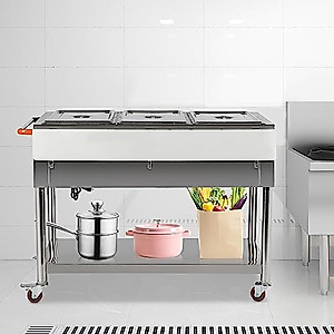 KOLHGNSE Commercial Electric Food Warmer, 3-Pot Steam Table Food Warmer 0-100℃ with Movable Wheels, Professional Stainless Steel Material for Catering and Restaurants