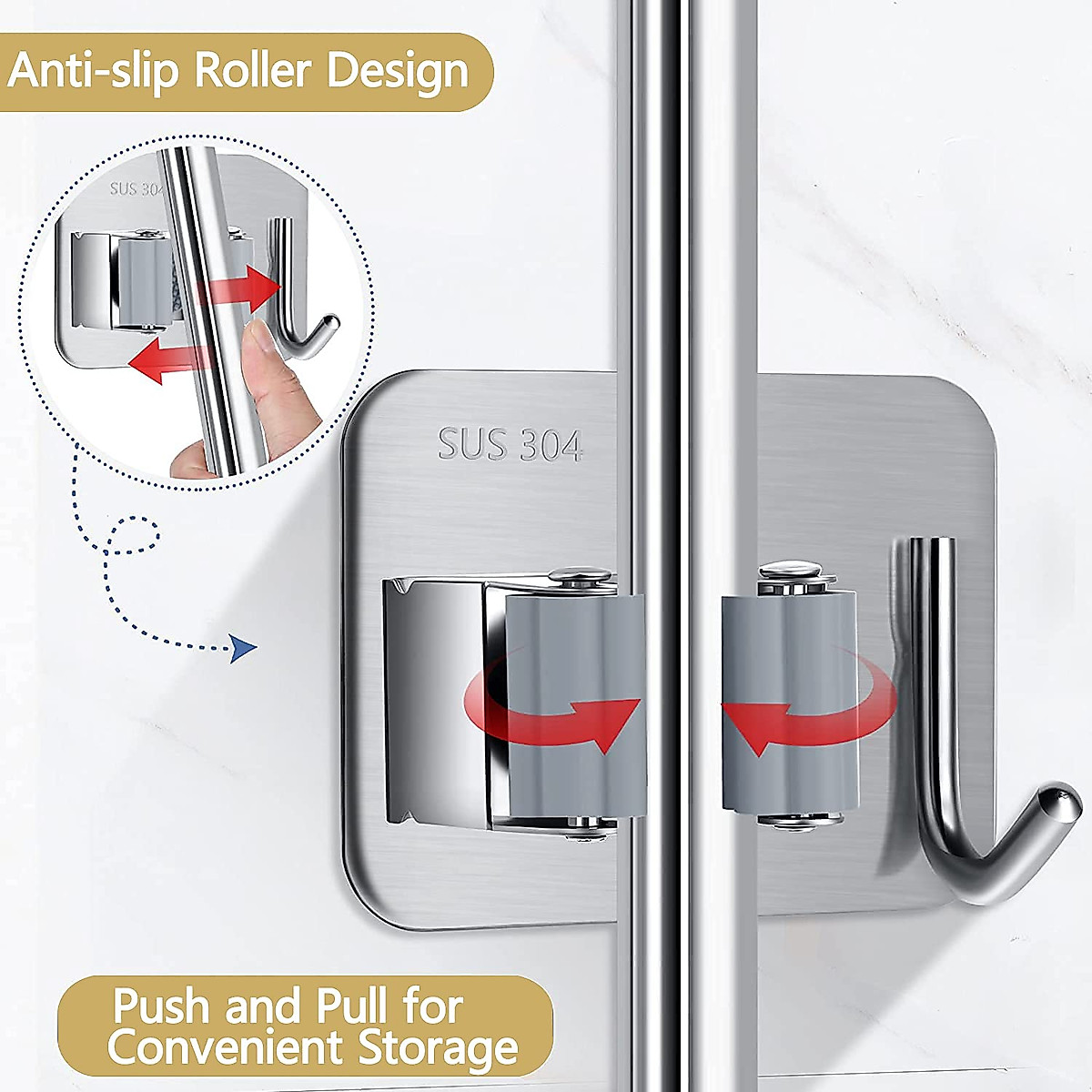 HUOWUSS Broom Mop Holder, 3PCS Sturdy Broom Holder Wall Mount, 304 Metal Stainless Steel Broom Holder and Storage, Utility Storage Rack Heavy Duty Tools Hanger for Home Office Closet & Garden