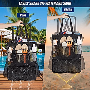 Beach Bag for Women Beach Tote Waterproof Sandproof Mesh Swim Pool Bag Large Foldable Travel Grocery Utility Bag Zipper, Black With Zipper, XL