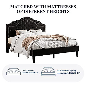 Allewie Full Size Bed Frame with Velvet Tiara Headboard, Upholstered Diamond Button Tufted Platform Bed, Sturdy Wood Slats Support, No Box Spring Needed, Black