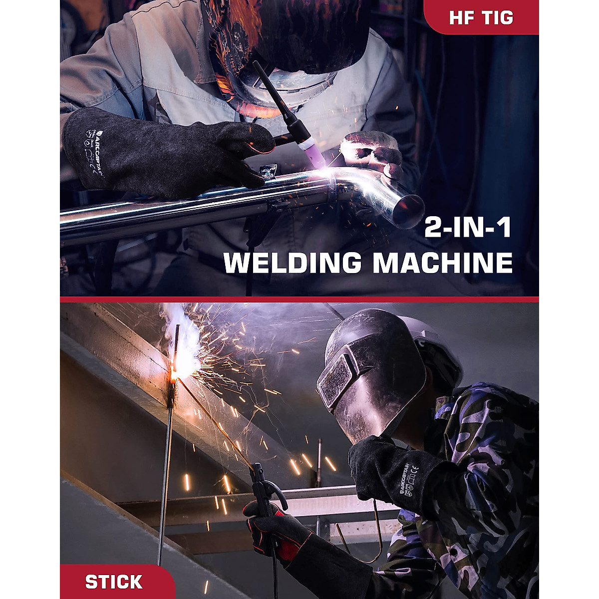 ARCCAPTAIN TIG Welder 200A, High Frequency 110v/220v Dual Voltage TIG/Stick/Arc 2 in 1 Welder LED Digital Display Welding Machine with 2T/4T Function and Tungsten Electrode