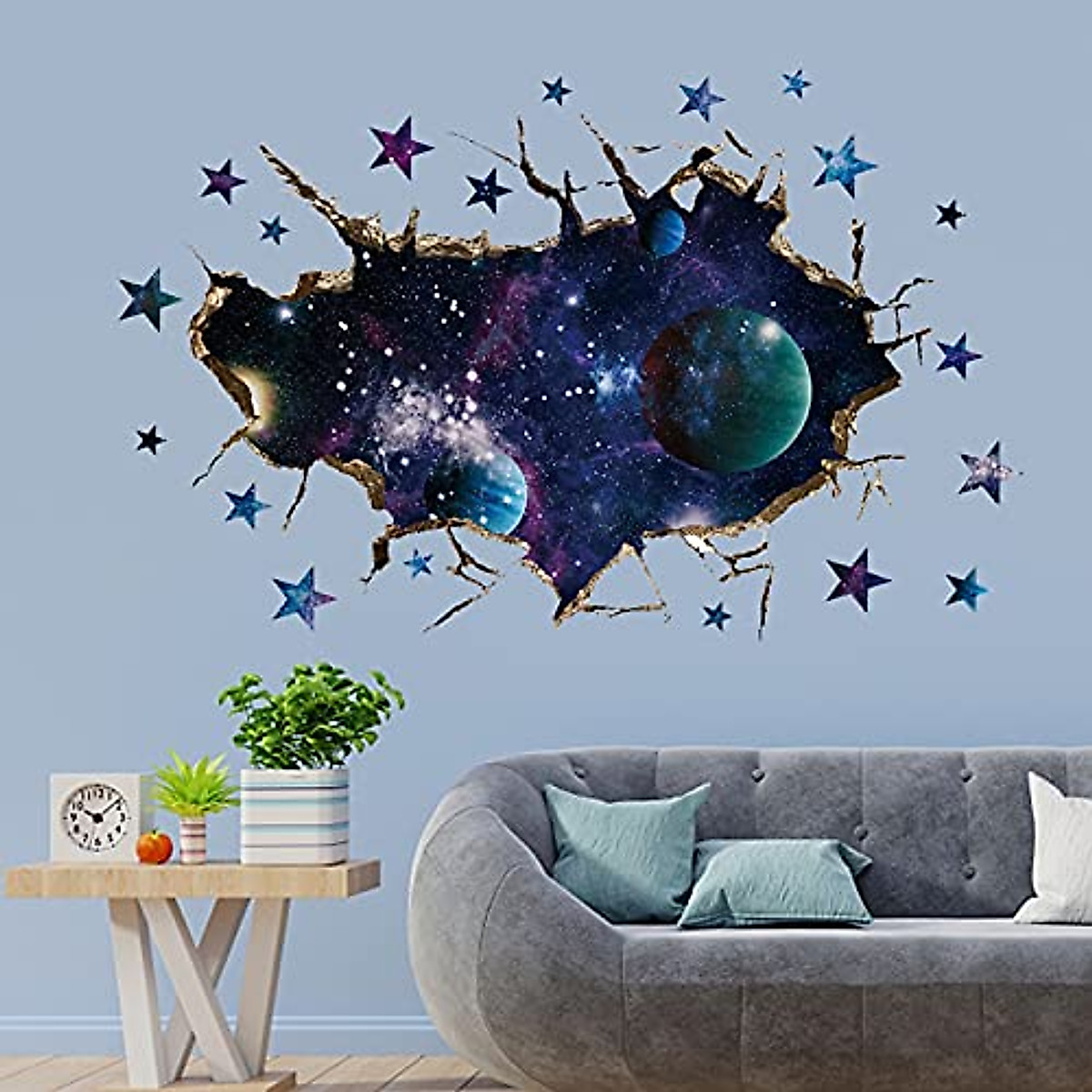 ASMPIO 3D Space Galaxy Wall Decor Stickers, Removable Broken Outer Space Planet Waterproof Vinyl Floor Decals, 3D Art Magic Wall Mural Decals for Kids Bedroom Living Room Nursery Home Wall Decor