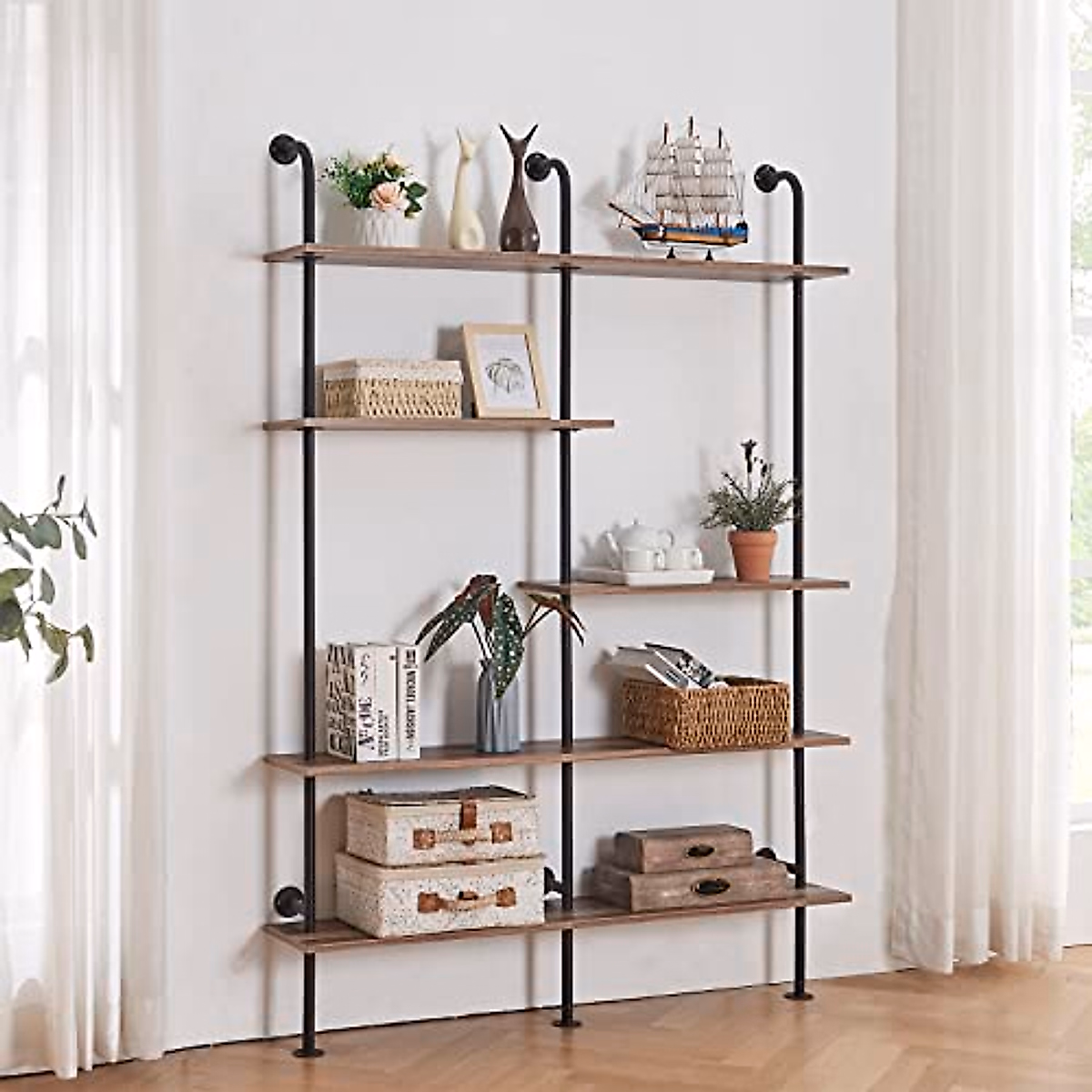HOMISSUE Industrial Bookshelf 5-Tier Open Wall Mount Ladder Bookshelf, Modern Bookcase with Metal Frame and Wood for Home Office, Wall Mounted Industrial Iron Pipe Shelf, Oak Brown