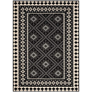 SAFAVIEH Veranda Collection 4' x 5'7" Black / Cream VER099 Boho Indoor/ Outdoor Non-Shedding Easy--Cleaning Patio Backyard Porch Deck Mudroom Accent--Rug