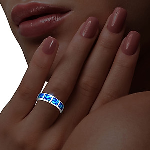 Beaux Bijoux Sterling Silver Simulated Opal Ring for Women | Created Blue Opal Gemstone Band Ring | Fine Jewelry
